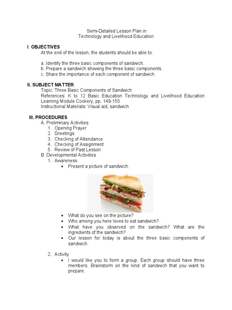 Semi Detailed LP THREE BASIC COMPONENT OF SANDWICH | PDF | Lesson Plan ...