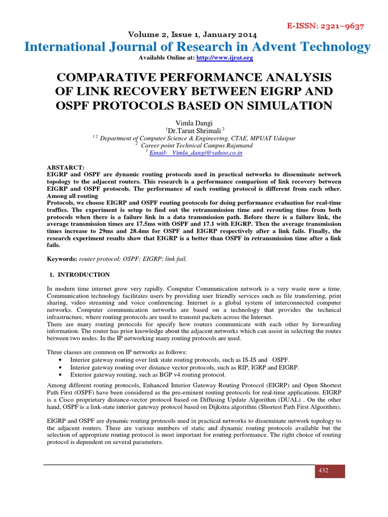 Dangi, V., Shrimali, T. (2014) Comparative Performance Analysis of Link Recovery Between EIGRP ...