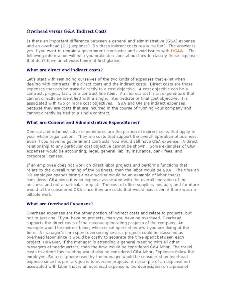 Overhead Versus G&A | PDF | Expense | Cost