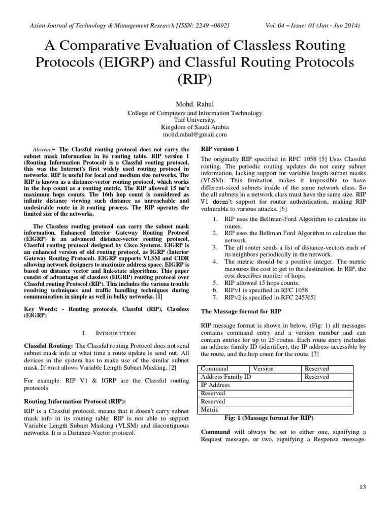 Rahul, Mohd. (2014) A Comparative Evaluation of Classless Routing ...