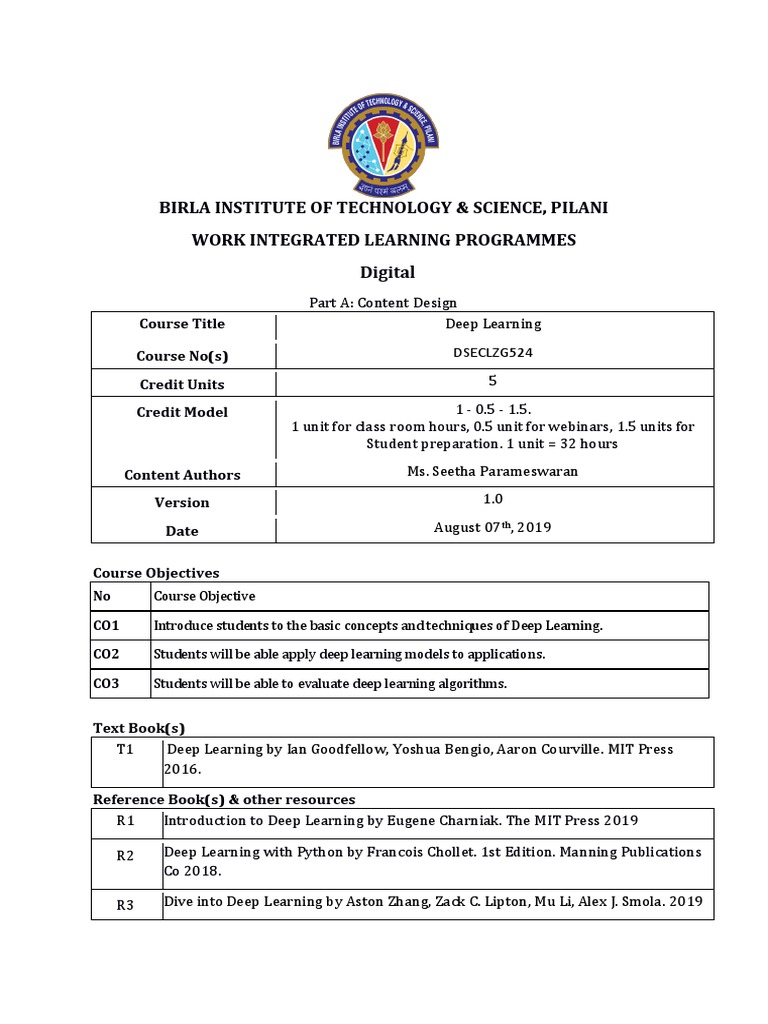 Deep Learning Course Content and Learning Plan for BITS Pilani | PDF | Deep Learning ...