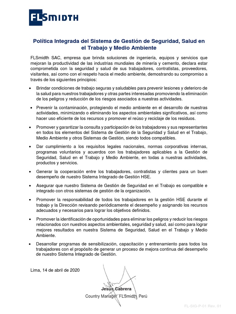 Politica de HSE - FLSmidth Peru | PDF | Seguridad y salud ocupacional ...