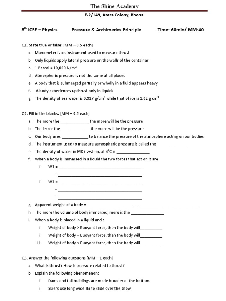 8th ICSE Physics Test - Pressure and Archimedes Principle | PDF ...
