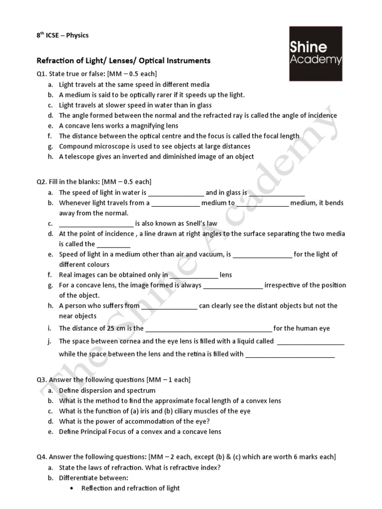8th ICSE Physics Test - Refraction Lenses Optical Instruments ...