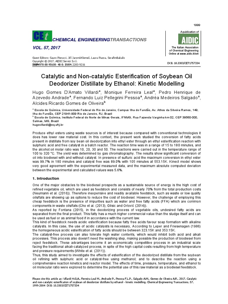 Catalytic and Non-Catalytic Esterification of Soybean Oil Deodorizer ...