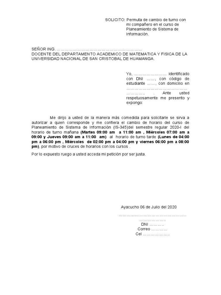 Solicitud De Cambio De Turno Pdf