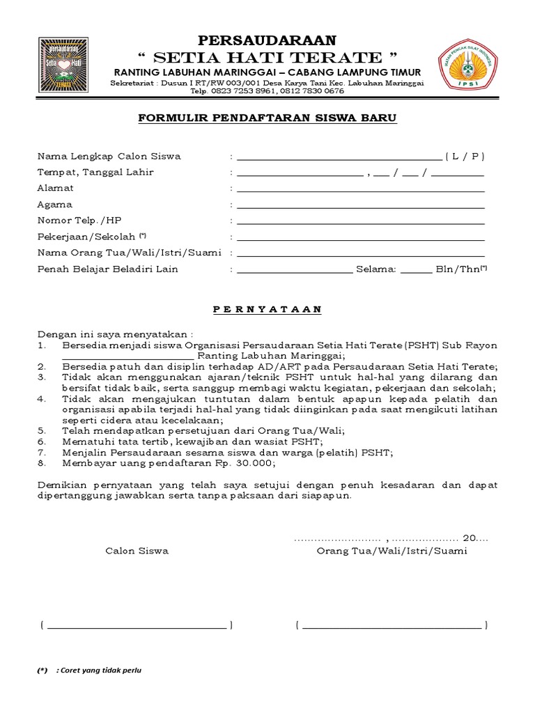 Formulir Pendaftaran Siswa Baru PSHT | PDF