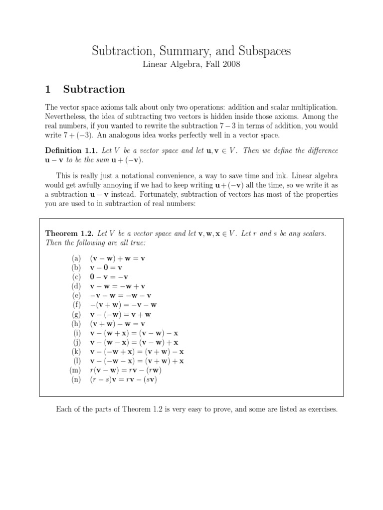 Subtraction, Summary, and Subspaces | PDF | Linear Subspace | Vector Space
