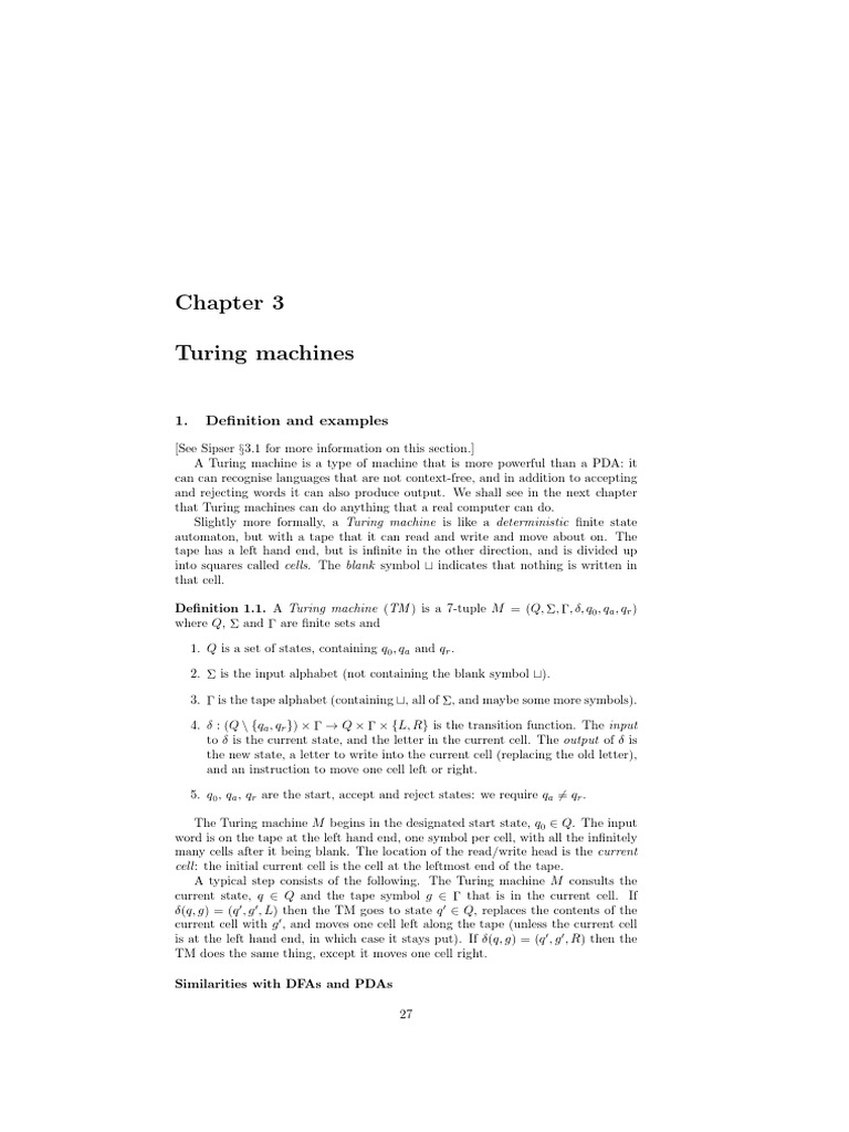 Turing Machines: 1. Definition and Examples | PDF | Models Of Computation | Applied Mathematics