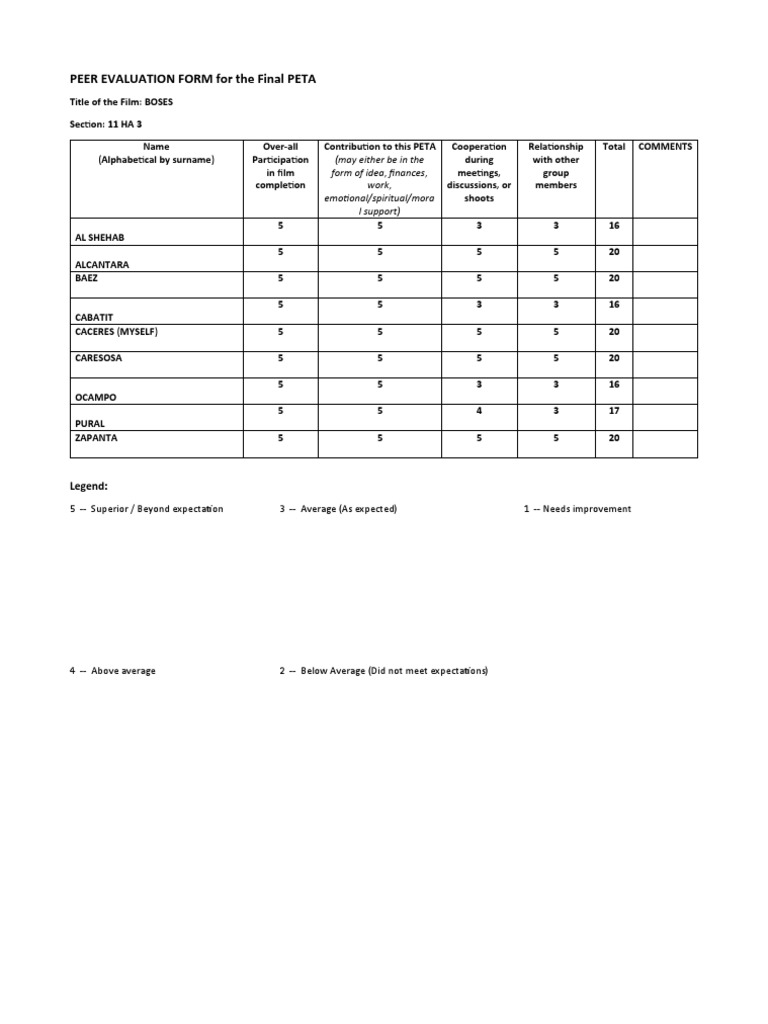 Peer Evaluation Form For The Final Peta | PDF
