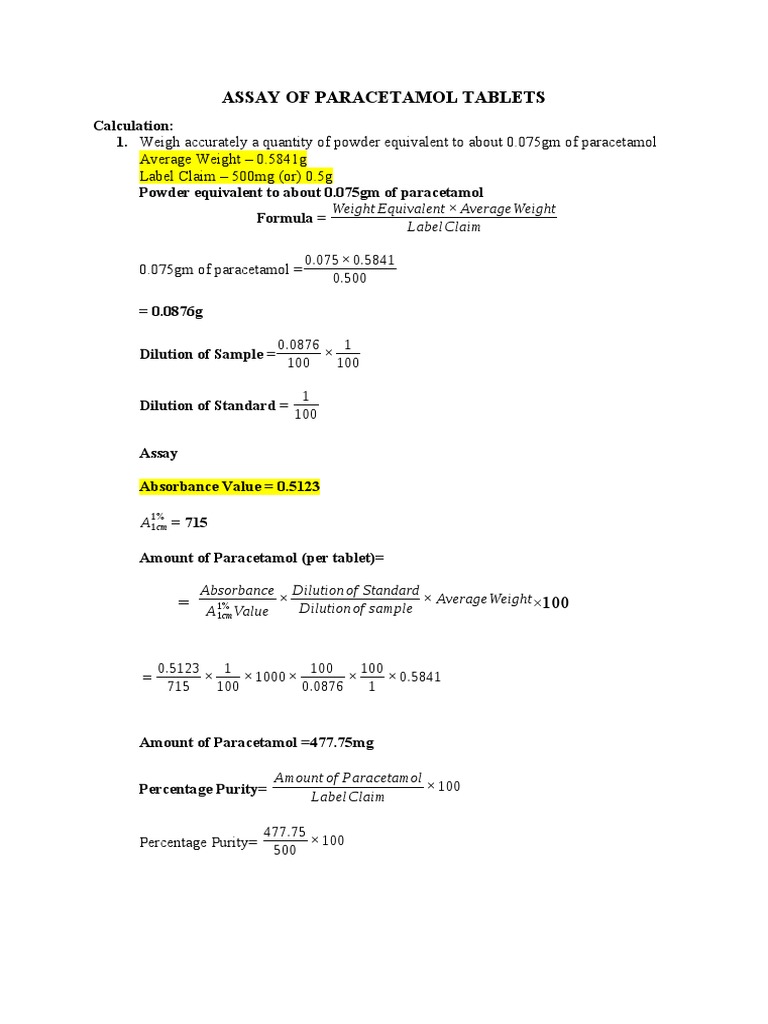 Assay of Paracetamol Tablets | PDF | Weight | Nature
