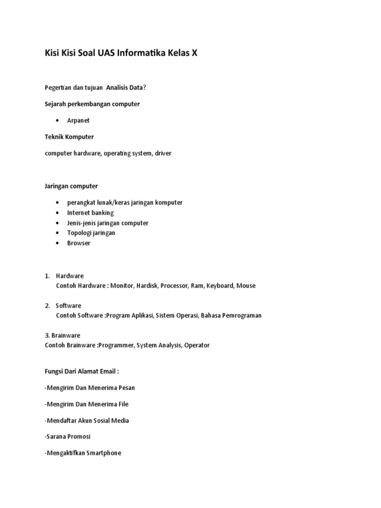 Kisi Kisi Soal UAS Informatika Kelas X | PDF | Komputer