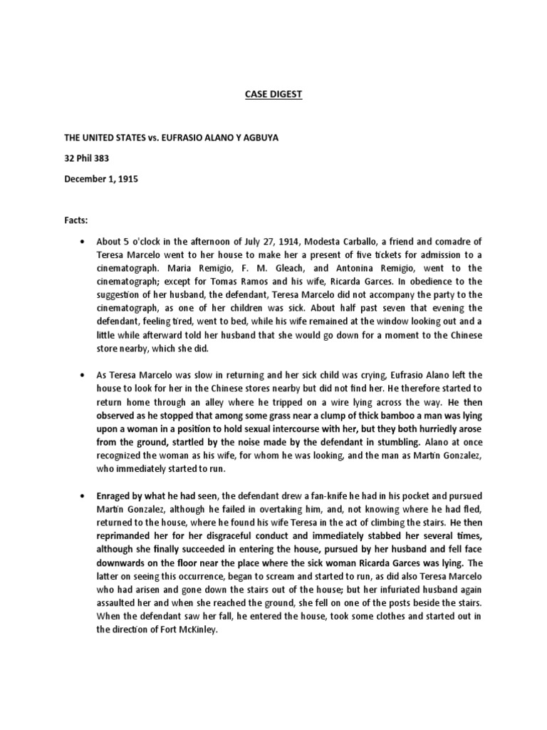 CASE DIGEST - US Vs ALANO v2 | PDF | Adultery | Criminal Law