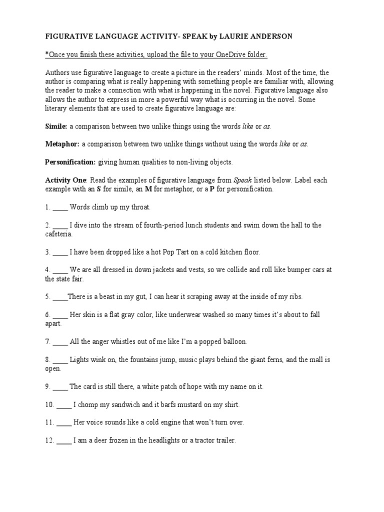 Figurative Language Activity-Speak | PDF
