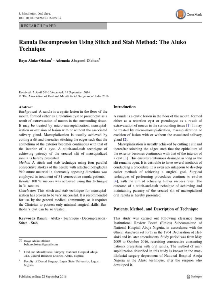 Ranula Decompression Using Stitch and Stab Method: The Aluko Technique ...