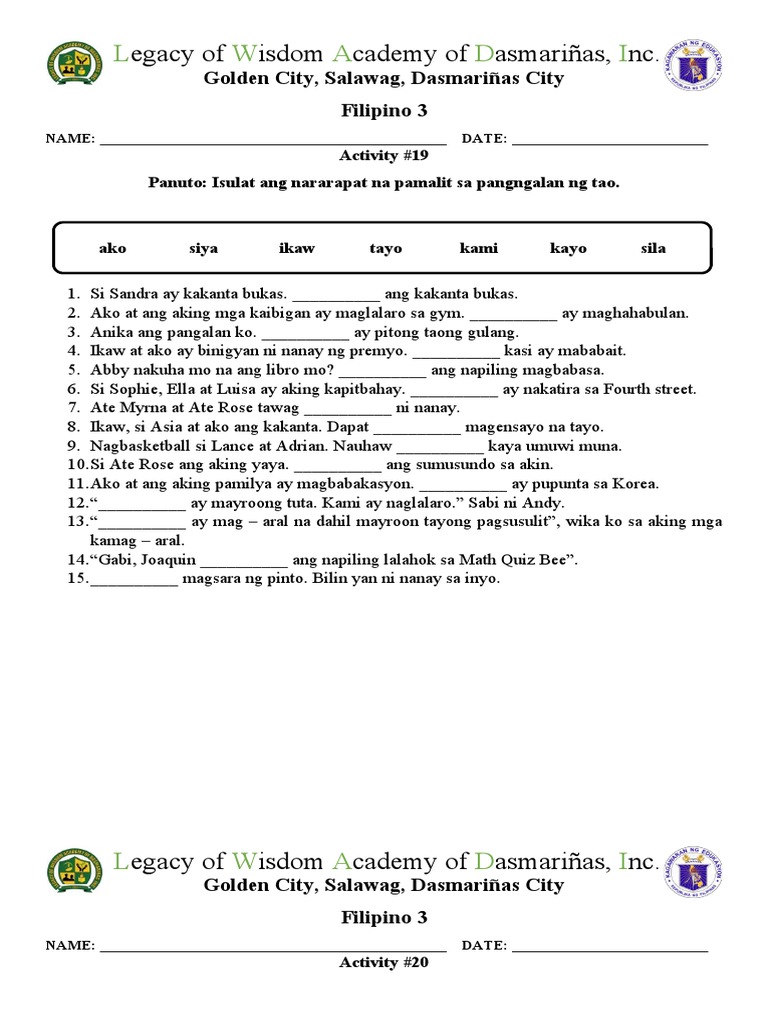 First Quarter Filipino 3-Activity 19 | PDF