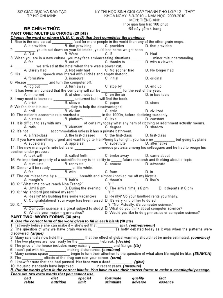 HSG TP HCM Tieng Anh 2009-2010 | PDF | Optical Fiber | Labour Economics