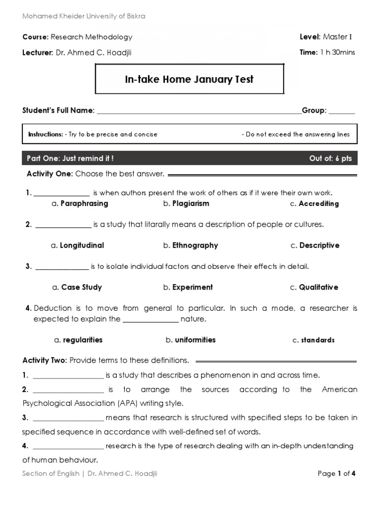 Master I Research Methodology Test | PDF | Citation | Qualitative Research