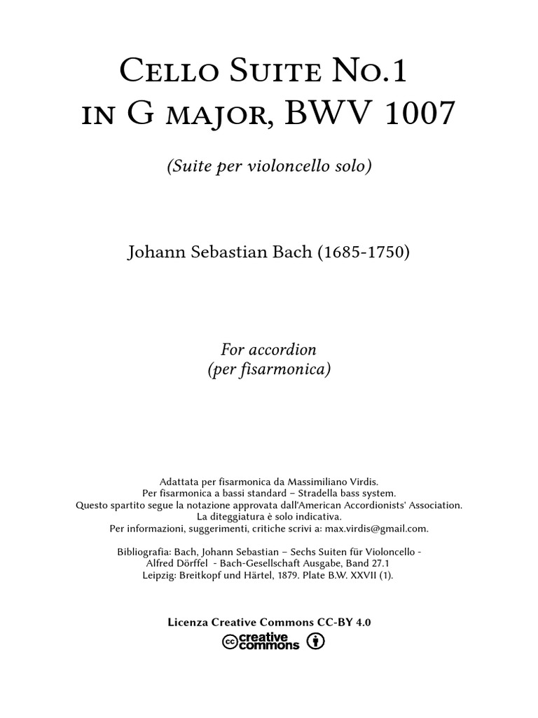Cello Suite No.1 in G Major, BWV 1007: (Suite Per Violoncello Solo ...