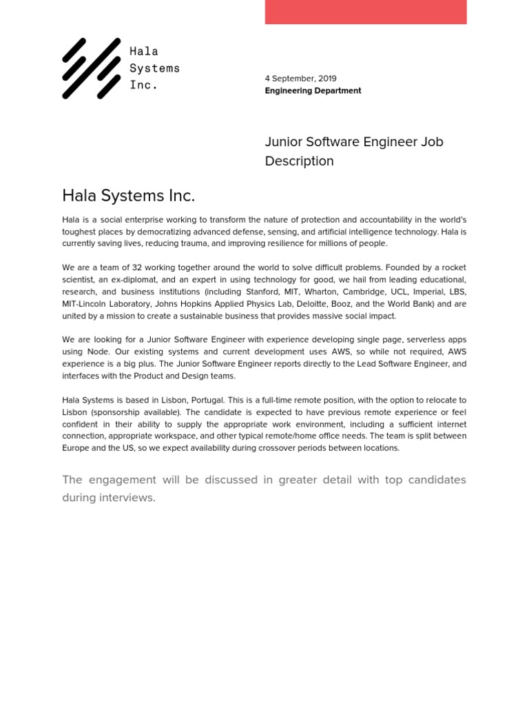 Hala Systems - Job Description - Junior Software Engineer | PDF | Web ...