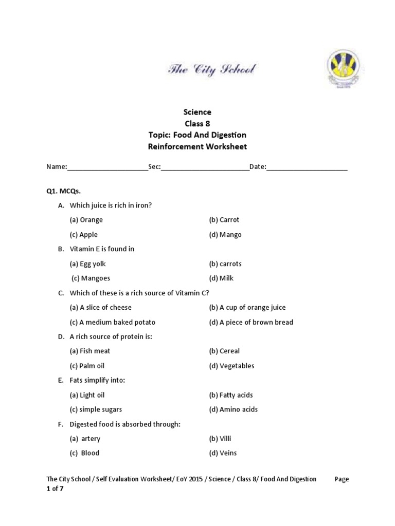 Science Class 8 Topic: Food and Digestion Reinforcement Worksheet | PDF ...