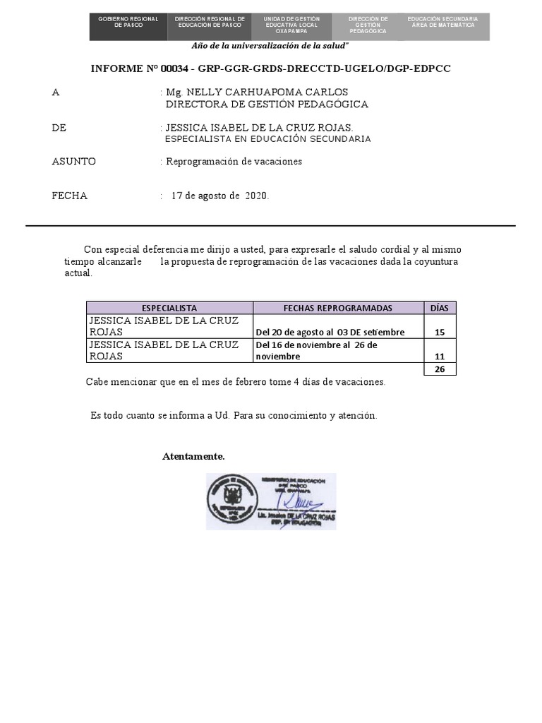 Informe 0034-Reprogramacion de Vacaciones | PDF
