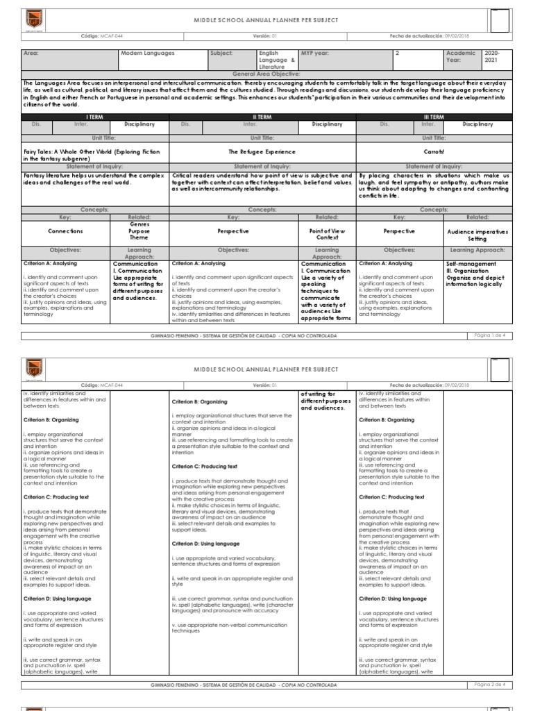 MYP Year 2 Annual Planner | PDF | Syntax | Plot (Narrative)