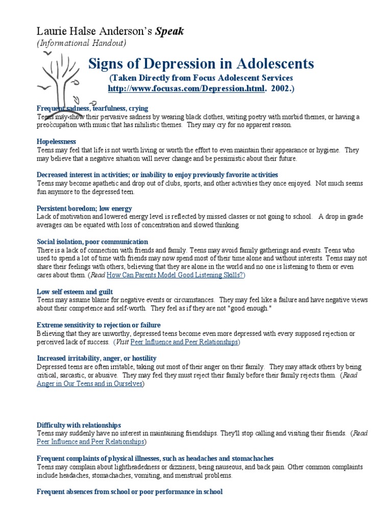 Signs of Depression in Adolescents: Laurie Halse Anderson's Speak | PDF ...