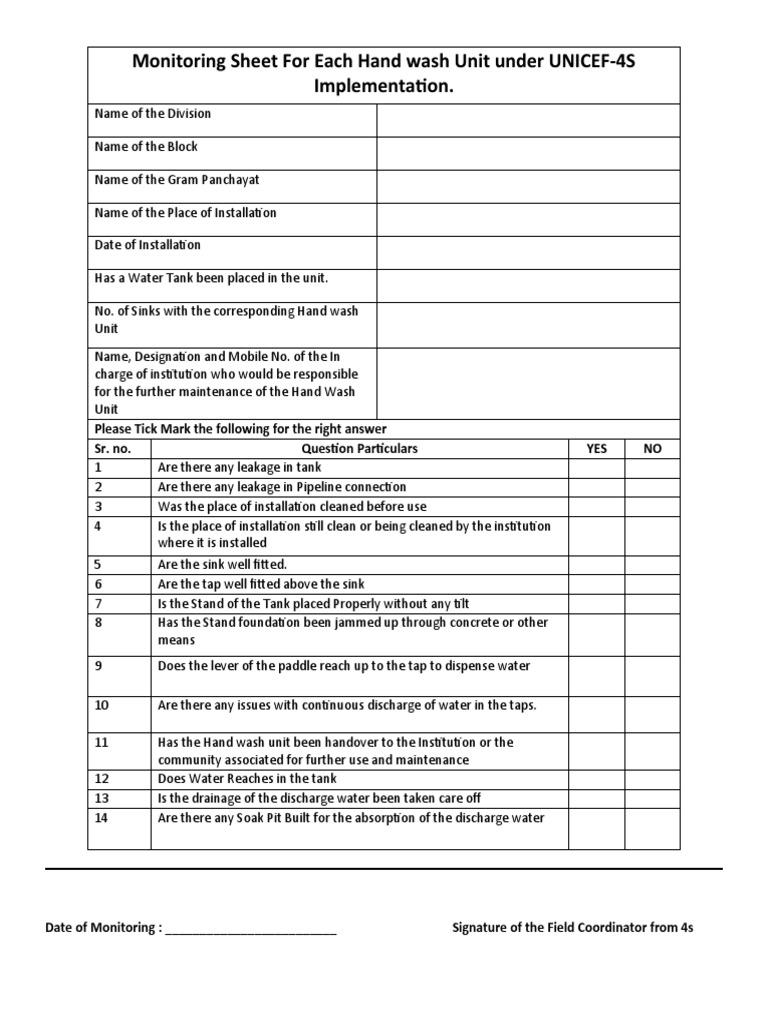 Hand Wash Unit Monitoring Sheet | PDF | Water Pollution | Environmental ...