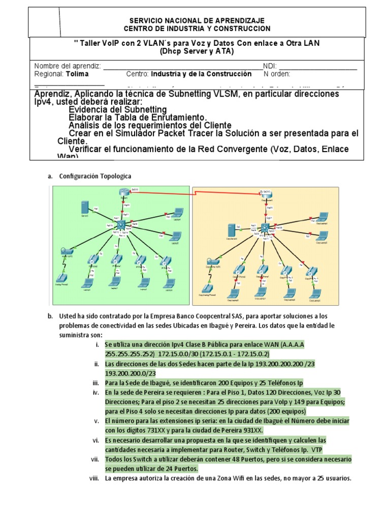 Taller Dos LANS Con Serv VOIP | PDF | Dirección IP | Enrutador (Computación)