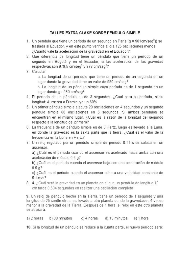Taller Extraclase Sobre Pendulo Simple | PDF | Péndulo | Science