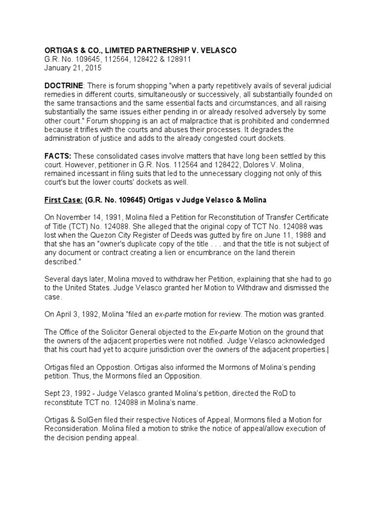 Ortigas Vs Velasco Case Digest | PDF | Complaint | Lawsuit