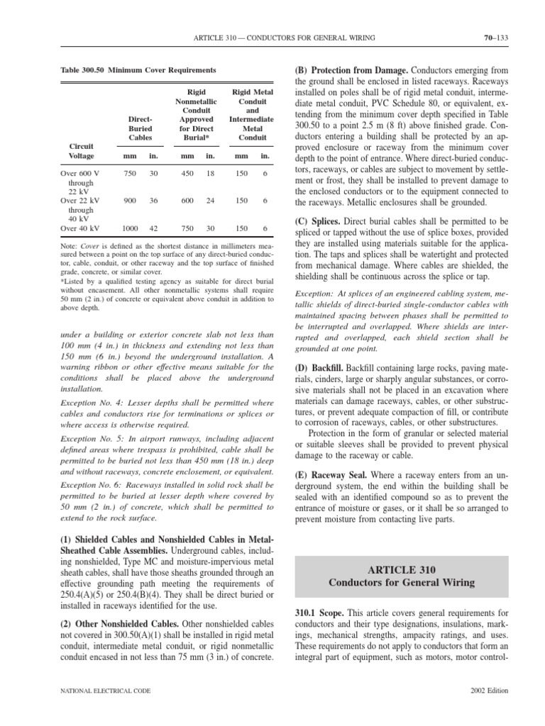 Table 300.50 Minimum Cover Requirements PDF | PDF | Wire | Equipment