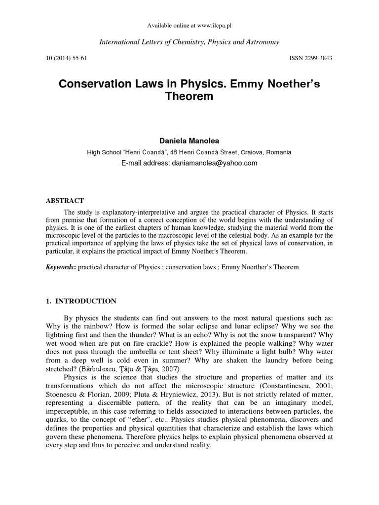 Conservation Laws in Physics. Emmy Noether's Theorem | PDF | Momentum ...