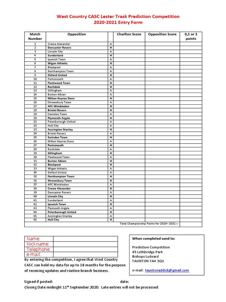 Prediction Competition Entry Form | PDF | Sports Leagues | Sports
