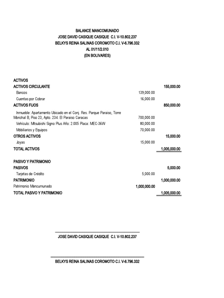 Balance Mancomunado Con Pasivo | PDF