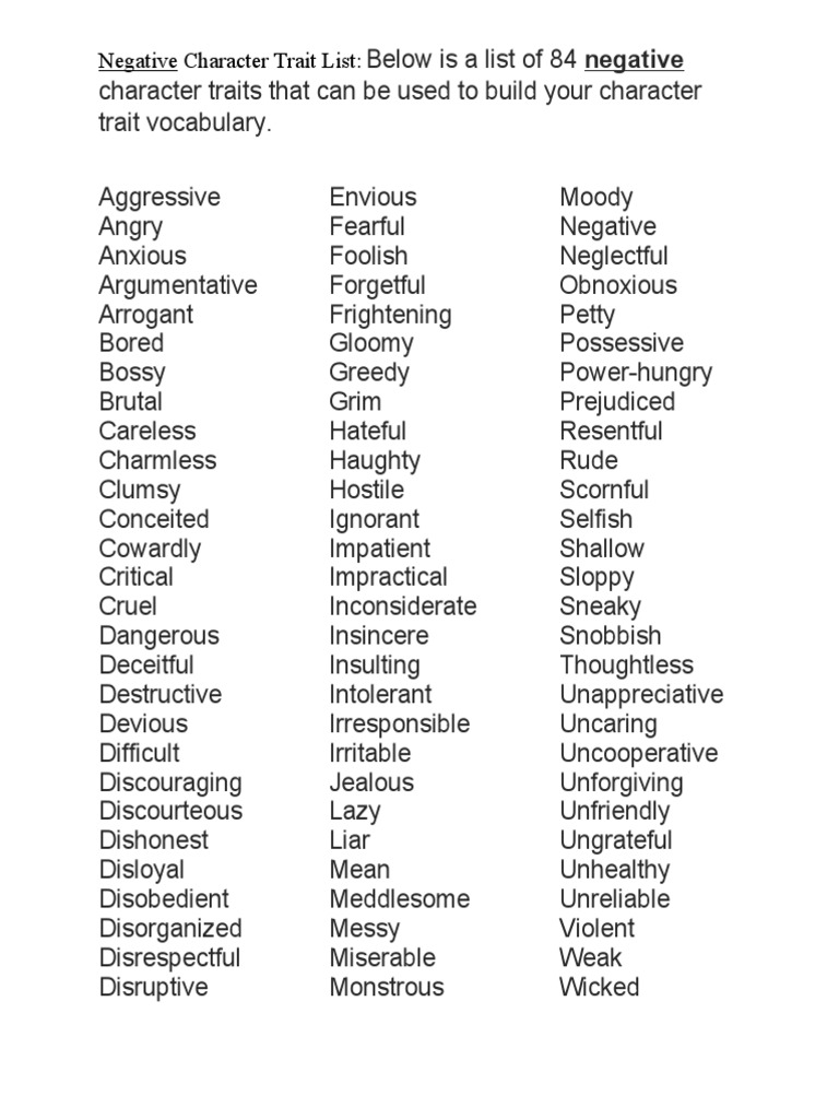 NEGATIVE Character Traits List | PDF