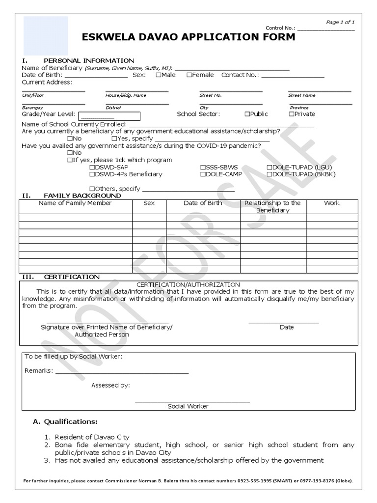 Eskwela Davao Application Form (Blank) | PDF | Learning