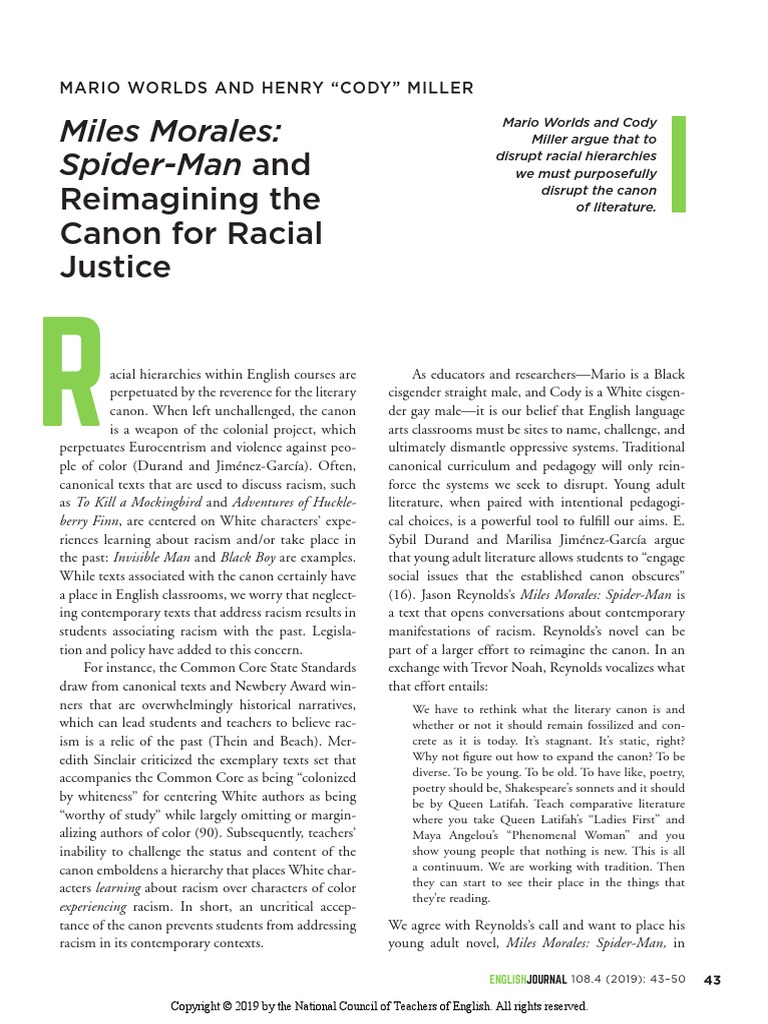 Miles Morales: Spider-Man and Reimagining The Canon For Racial Justice ...