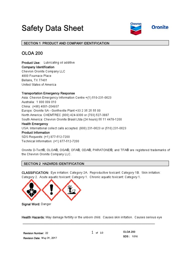 Oloa 200 SDS | PDF | Toxicity | Personal Protective Equipment