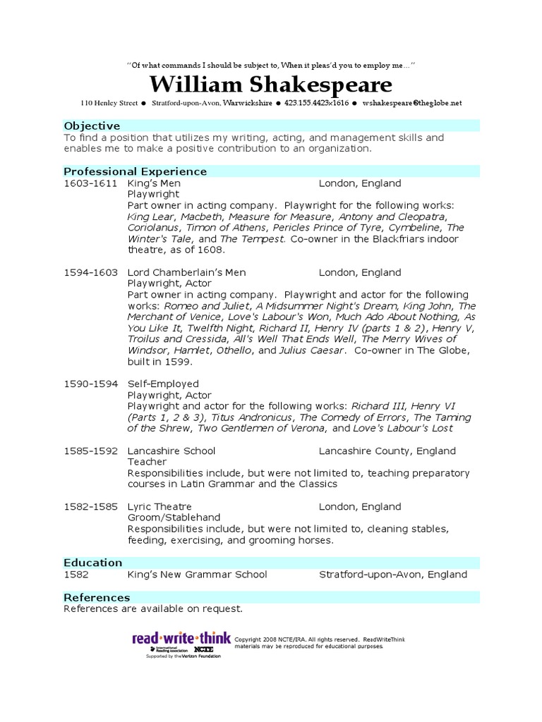 Shakespeare Resume | PDF