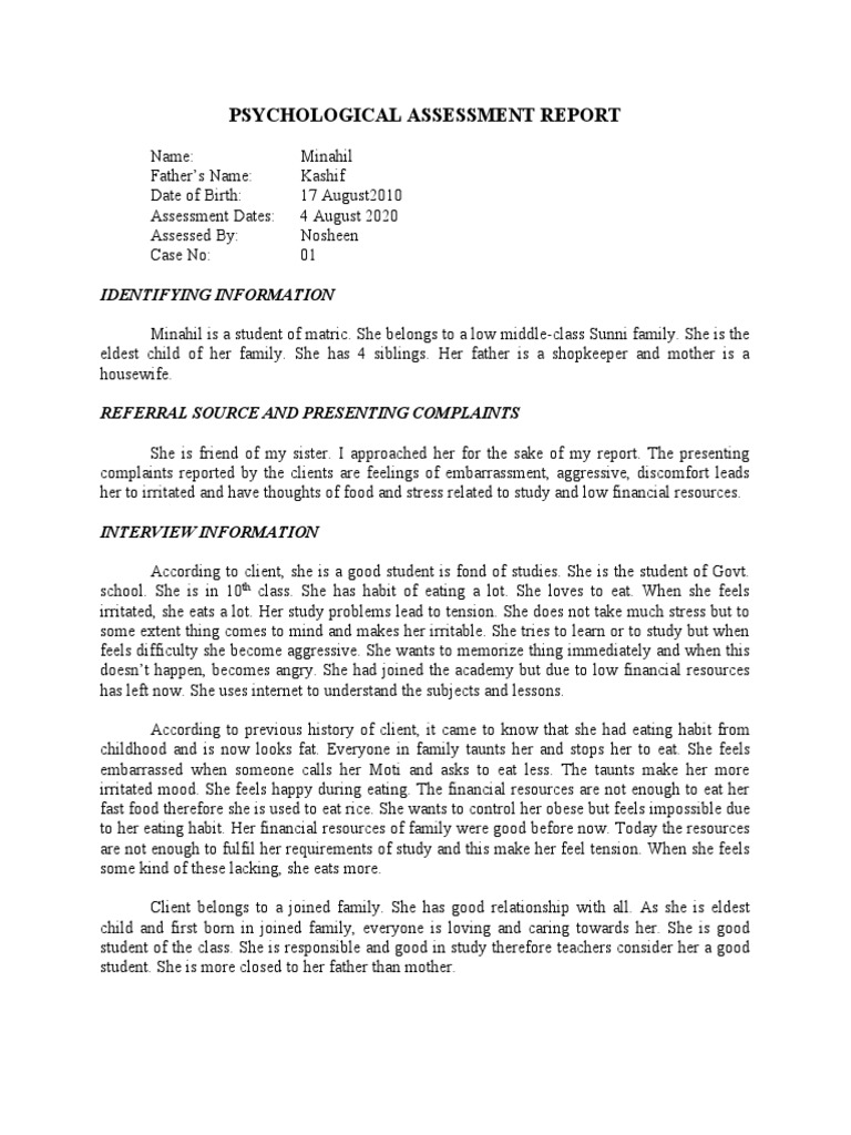 Psychological Assessment Report: Identifying Information | PDF ...