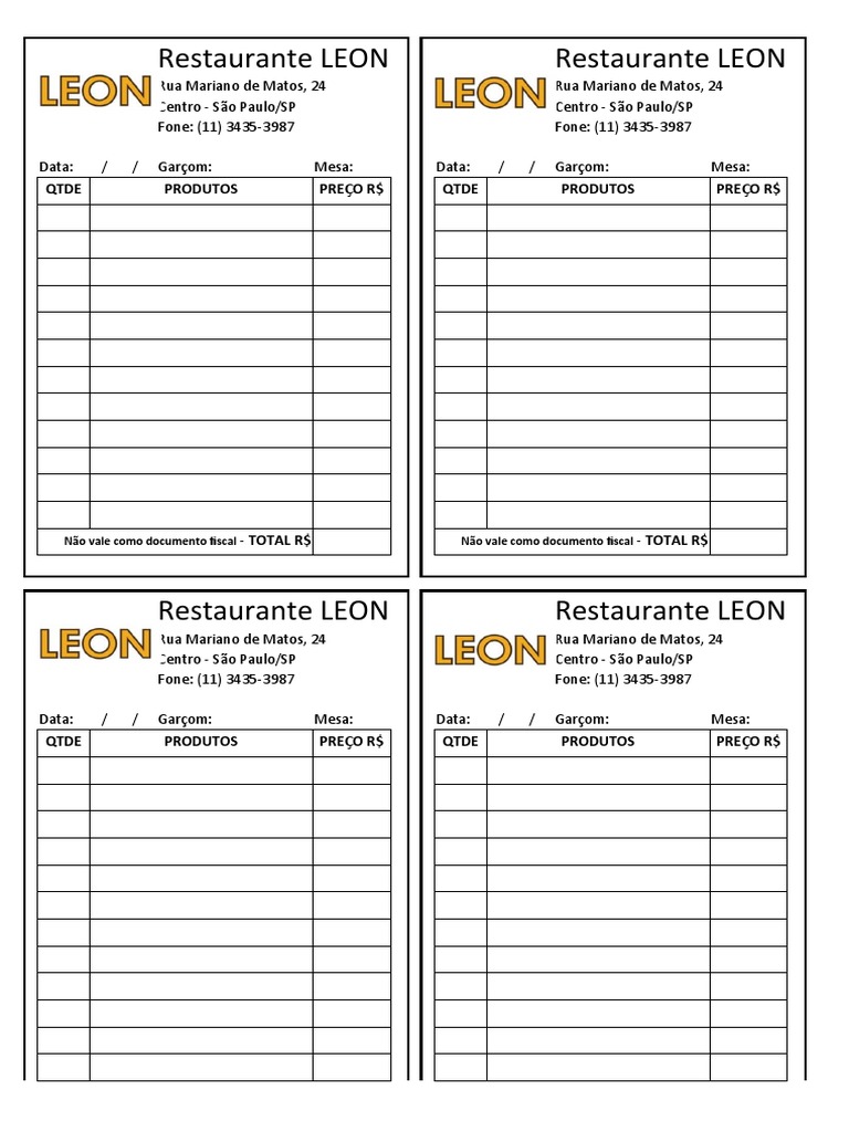 Modelo de Comanda para Restaurante LEON | PDF