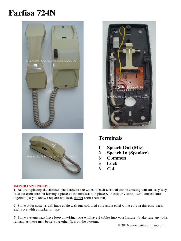 Farfisa 724n Intercom Handset Data Sheet PDF | PDF