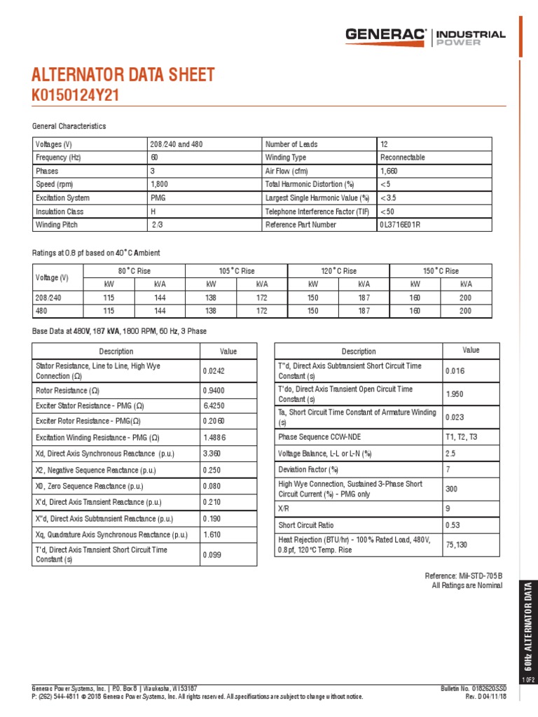 Alternator Data Sheet: General Characteristics | PDF | Power (Physics) | Force