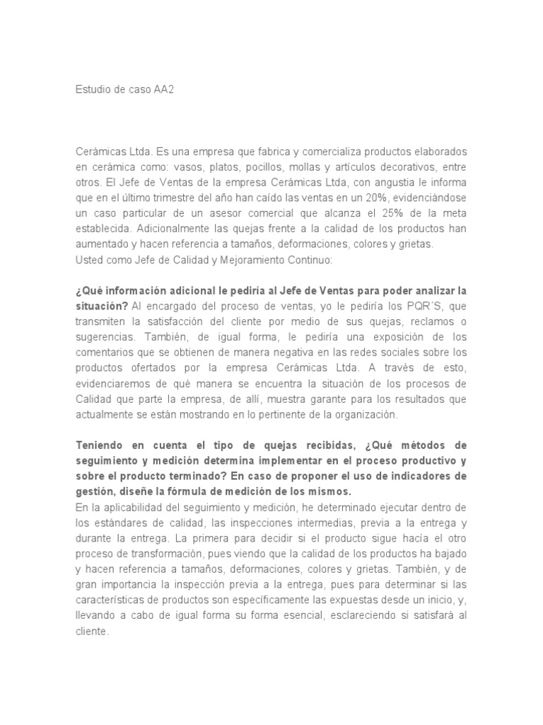 Estudio de Caso AA2 Sena | Descargar gratis PDF | La satisfacción del cliente | Cerámica
