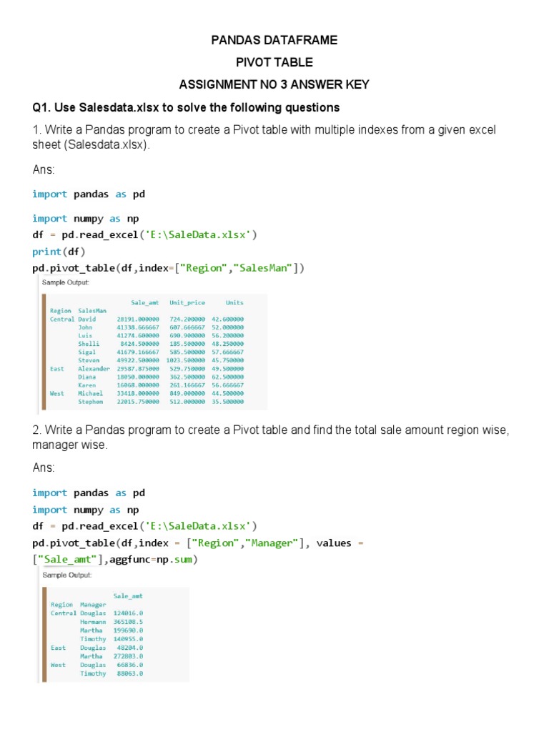 Pandas Dataframe Assignment No 3 Answerkey Pdf Computer Programming Applied Mathematics