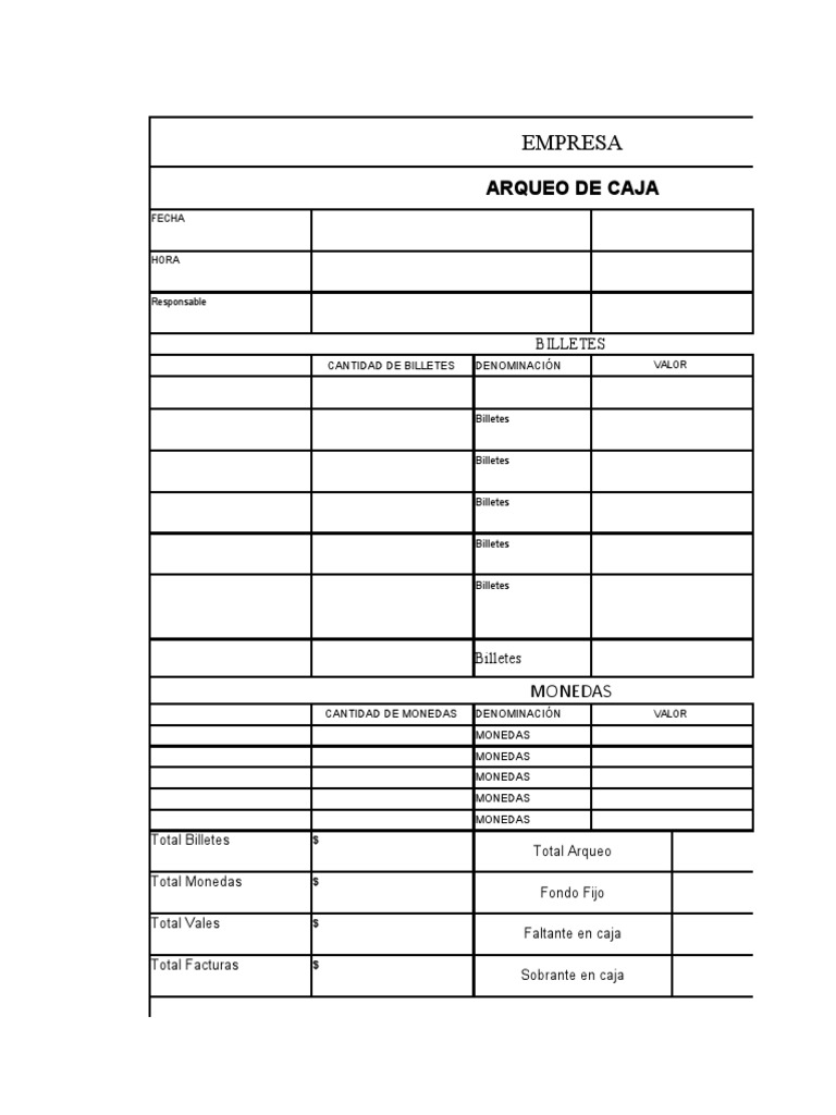 Formato Arqueo de Caja | Descargar gratis PDF | Billete de banco | Moneda