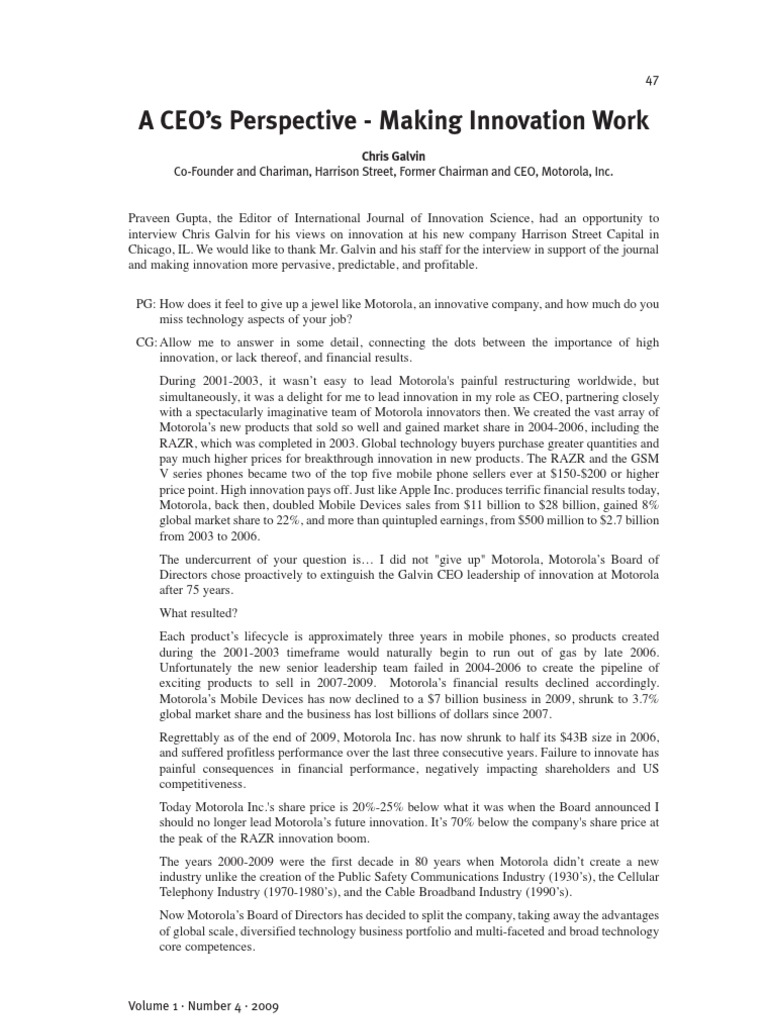 A CEO's Perspective - Making Innovation Work by Galvin 2010 | PDF | Motorola | Innovation