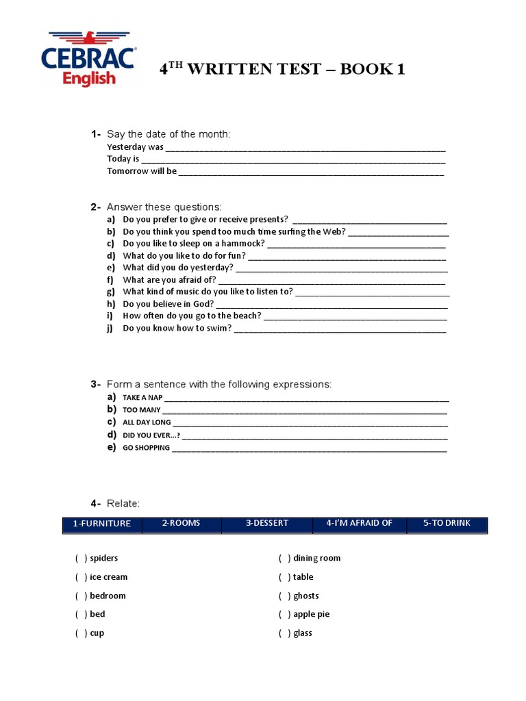 4 Written Test - Book 1: 1-Say The Date of The Month | PDF